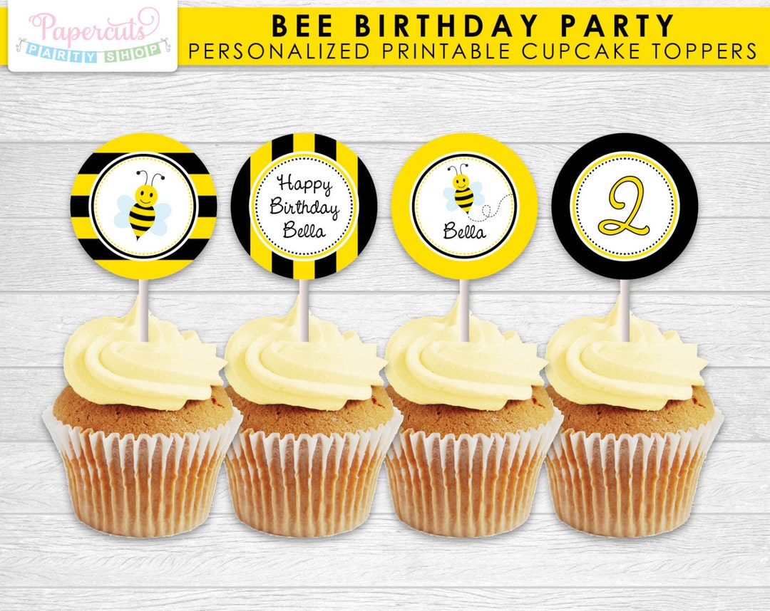 Busy Honey Bumble Bee Theme Birthday Party Cupcake Toppers | Black ...