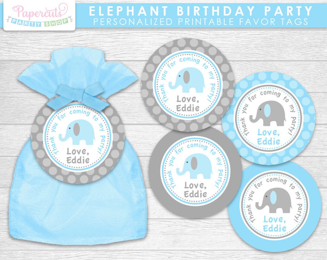 Elephant Theme Birthday Party Favor Tags | Blue & Grey | Personalized ...