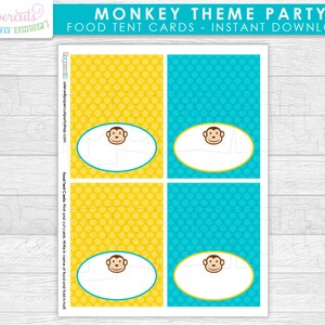 Monkey Boy Theme Party Blank Food Tent Cards | Yellow & Teal ...