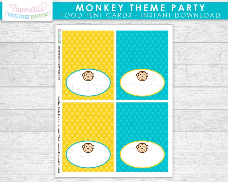 Monkey Boy Theme Party Blank Food Tent Cards | Yellow & Teal ...