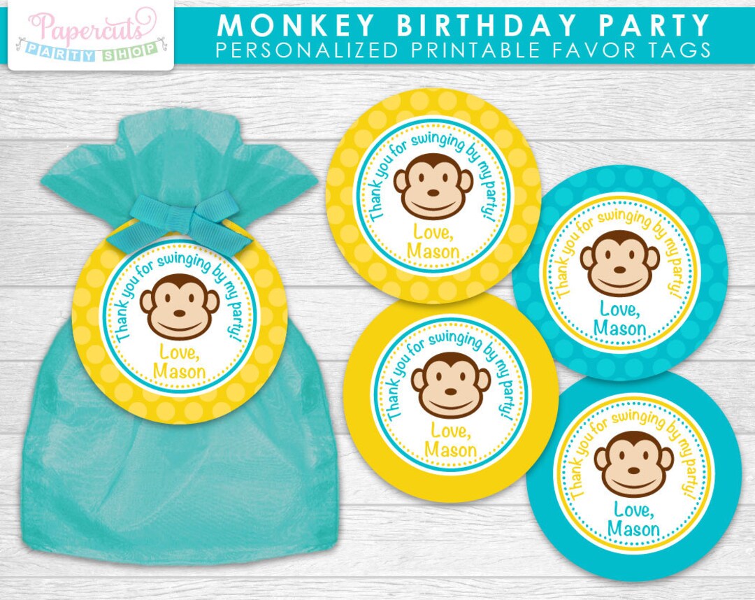 Monkey Boy Theme Birthday Party Favor Tags | Yellow & Teal ...