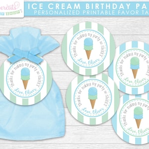 Ice Cream Theme Happy Birthday Party Favor Tags | Blue & Green ...