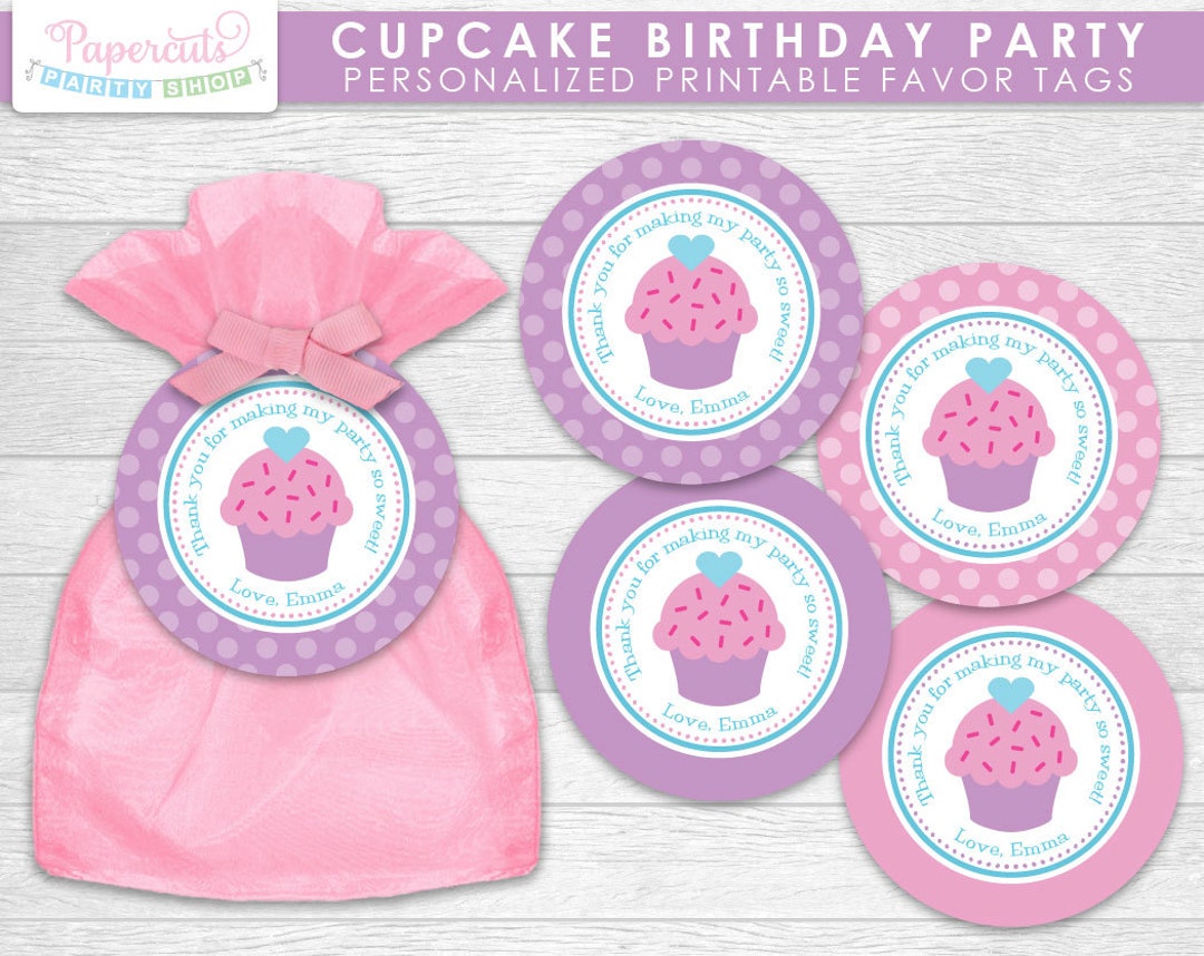 Cupcake Theme Birthday Party Favor Tags | Purple & Pink | Personalized ...