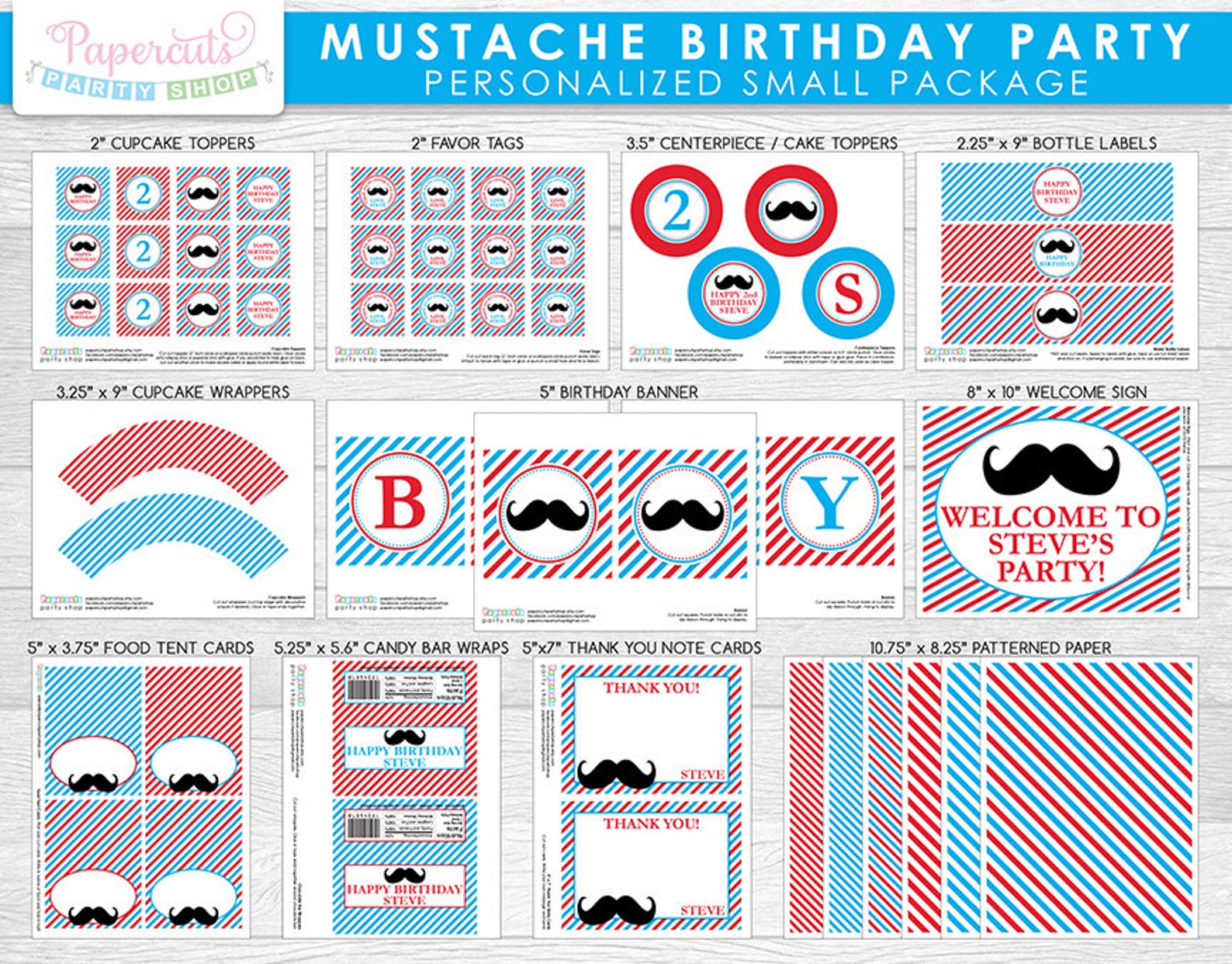 Mustache Theme SMALL Birthday Party Package Red & Blue | Etsy