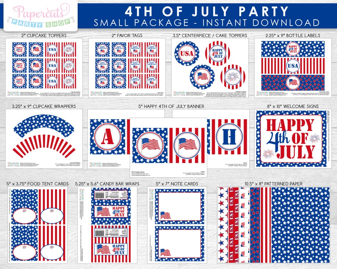 Red, White & Blue 4th of July Theme Small Party Package Printable DIY ...