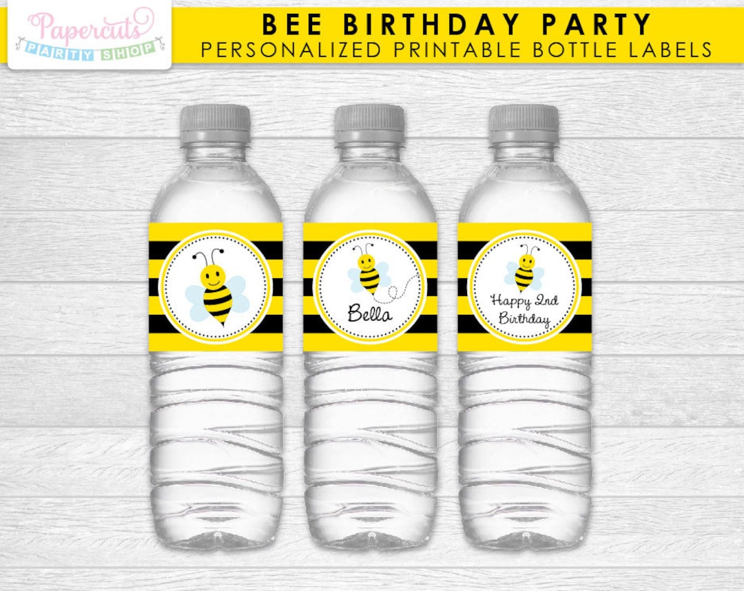 Busy Honey Bumble Bee Theme Birthday Party Water Bottle Labels | Black ...