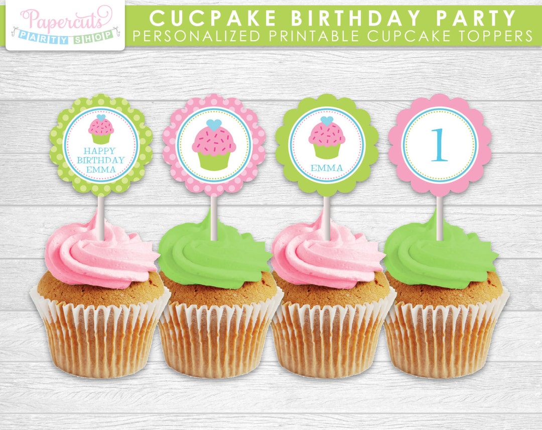 Cupcake Theme Birthday Party Cupcake Toppers | Green & Pink ...