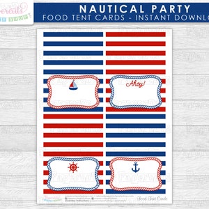 Nautical Theme Party Blank Food Tent Cards | Blue & Red | Printable DIY ...