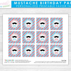 Mustache Theme Birthday Party Favor Tags | Red & Blue | Personalized ...