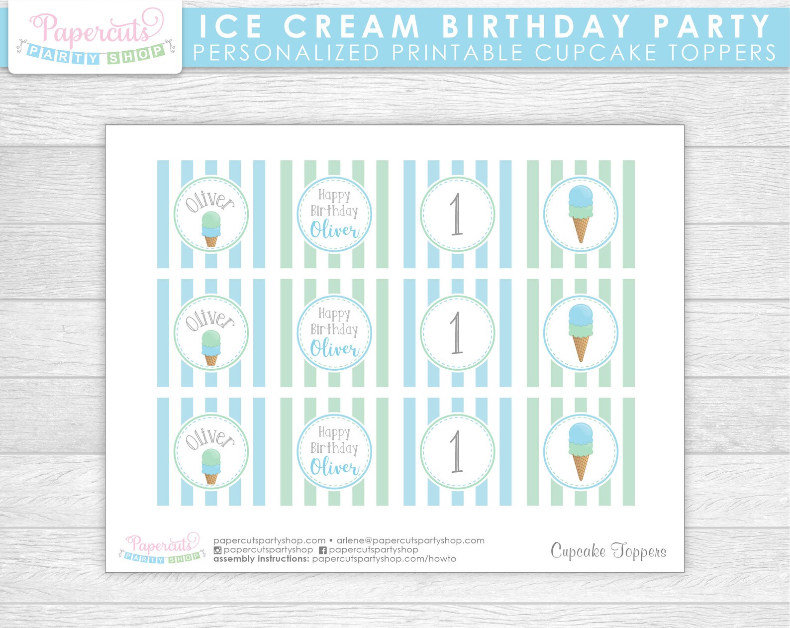 Ice Cream Theme Happy Birthday Party Cupcake Toppers Blue & | Etsy