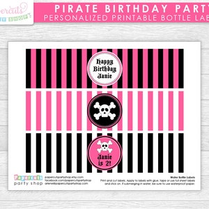 Pirate Theme Birthday Party Water Bottle Labels | Pink & Black ...
