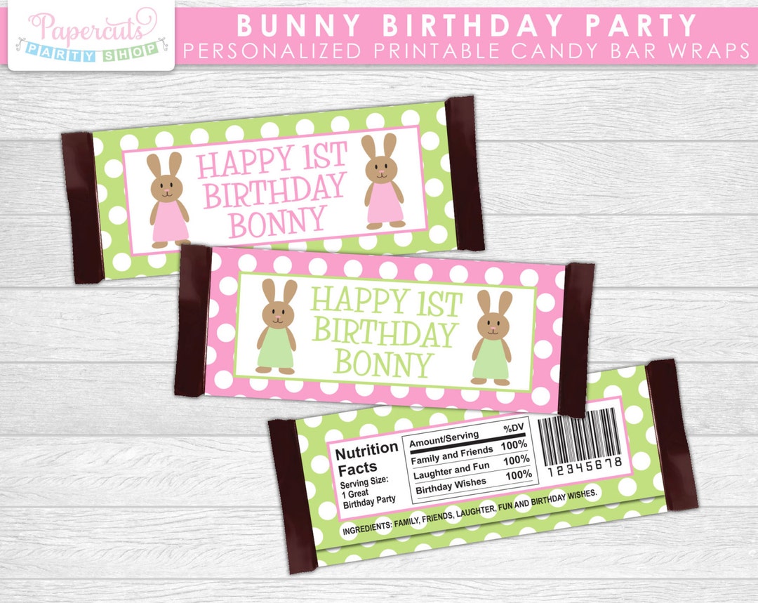 Bunny Rabbit Girl Theme Birthday Party Chocolate Bar Wrappers | Pink ...