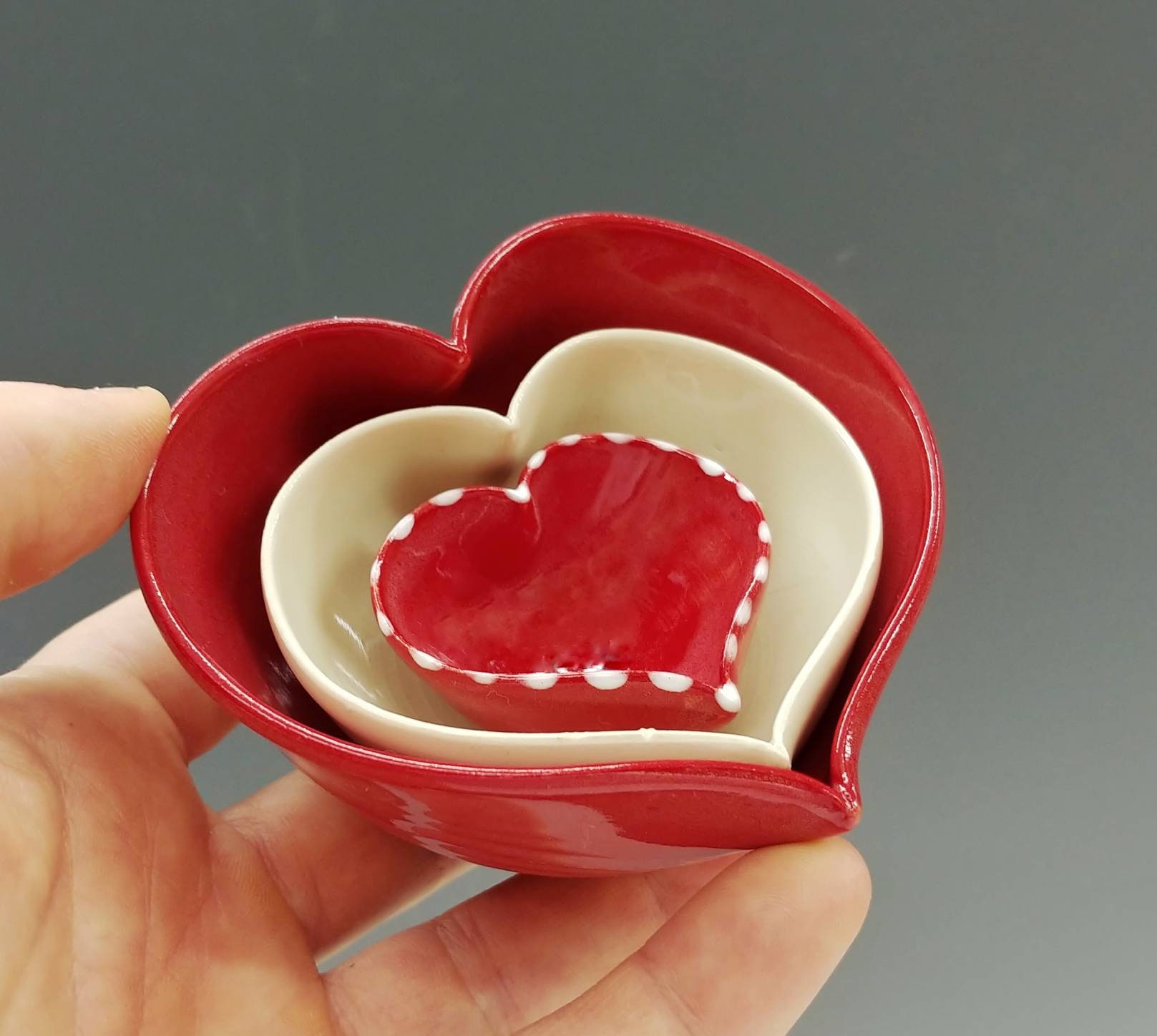 Set of 3 Nested Hearts in Red, Ivory, and Red With Stitch Pattern With ...