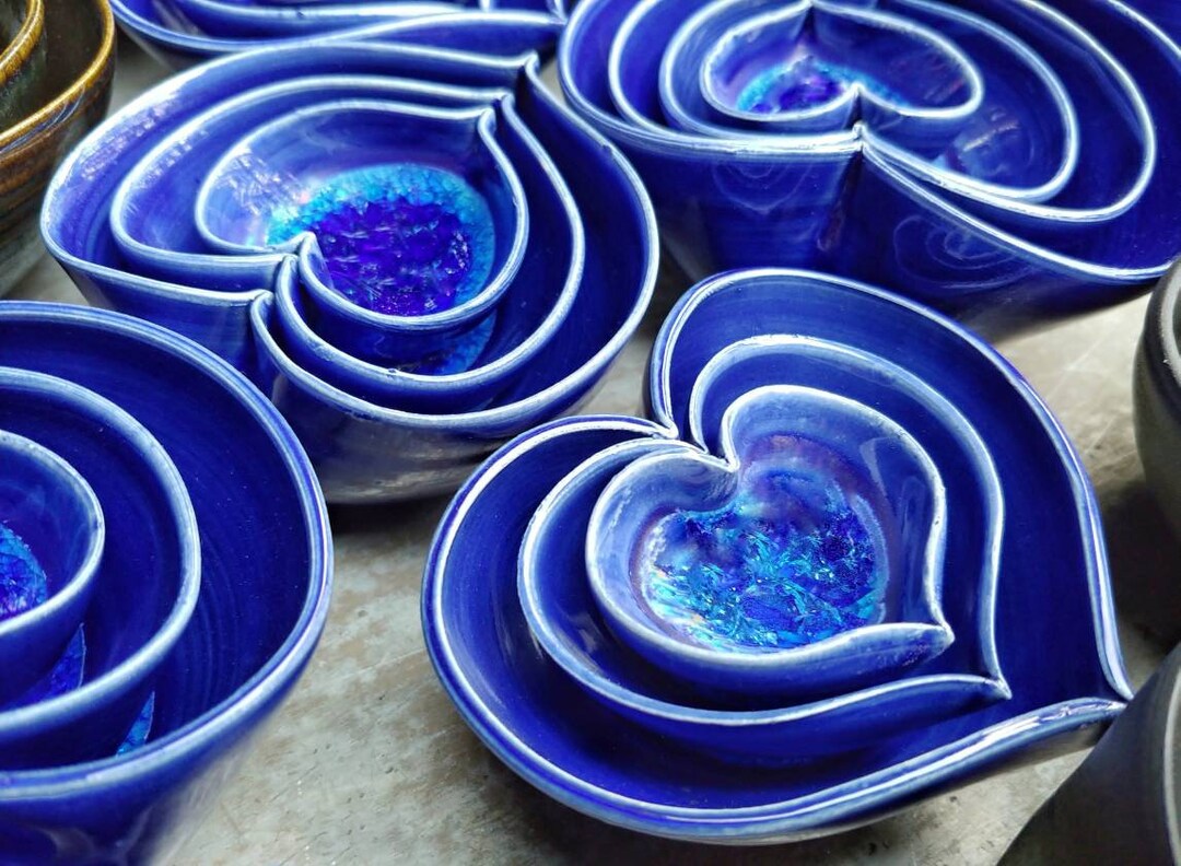 Set of 3 Royal Blue Nested Hearts, Ceramic Ring Dishes, Salt Cellars ...