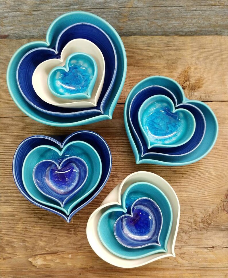 Set of 3 Royal Blue Nested Hearts, Ceramic Ring Dishes, Salt Cellars ...