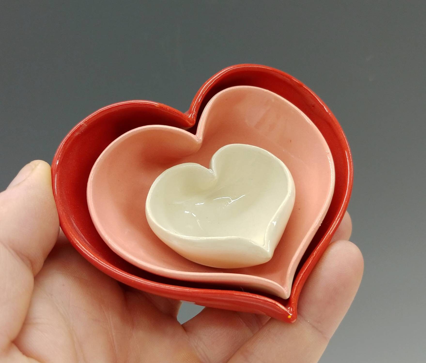 Set of 3 Nested Hearts in Red, With White Dots, Ceramic Ring Dishes ...