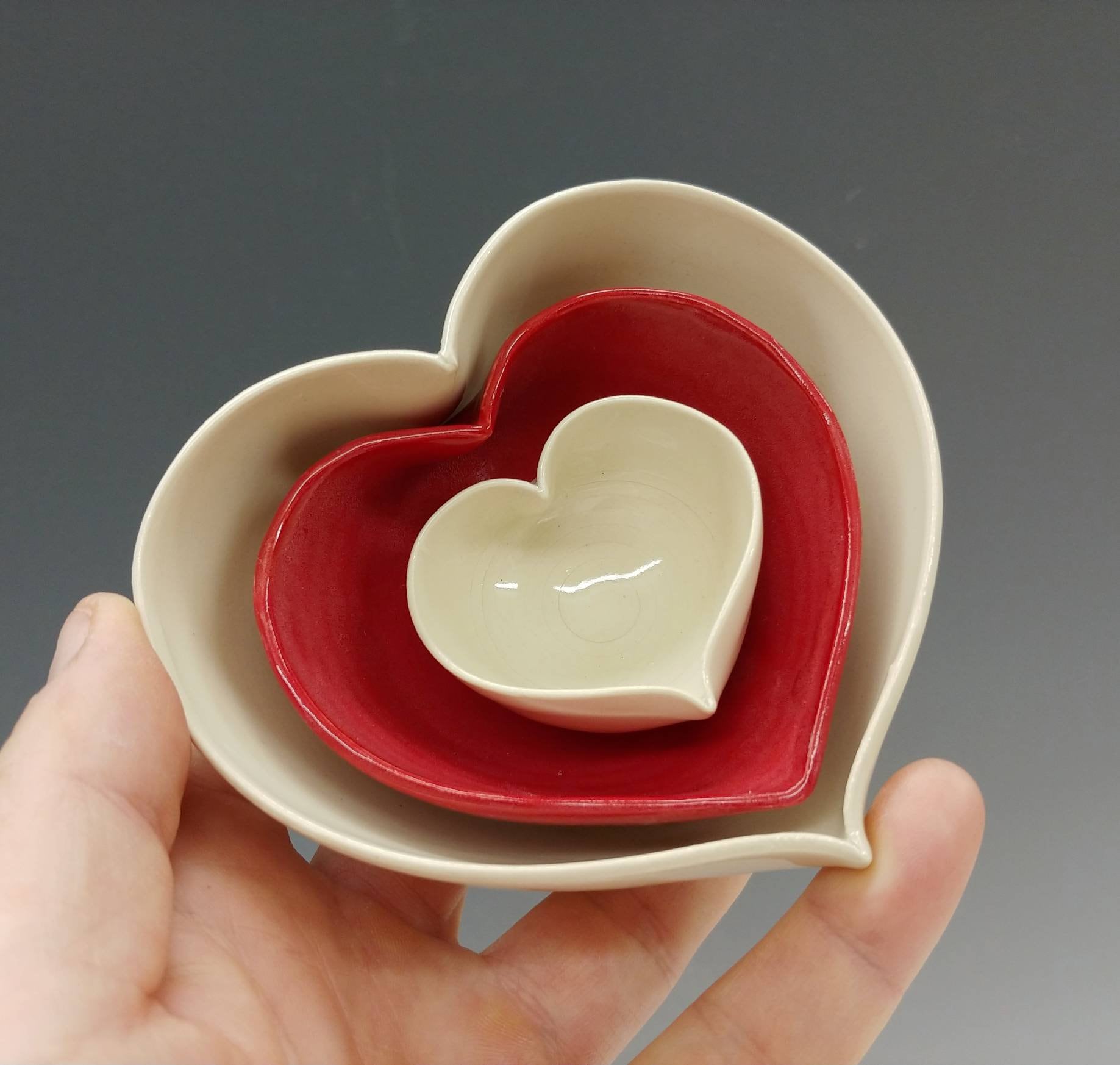 Set of 3 Nested Hearts in Red, With White Dots, Ceramic Ring Dishes ...