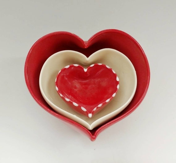 Set of 3 Nested Hearts in Red Ivory and Red With Stitch | Etsy