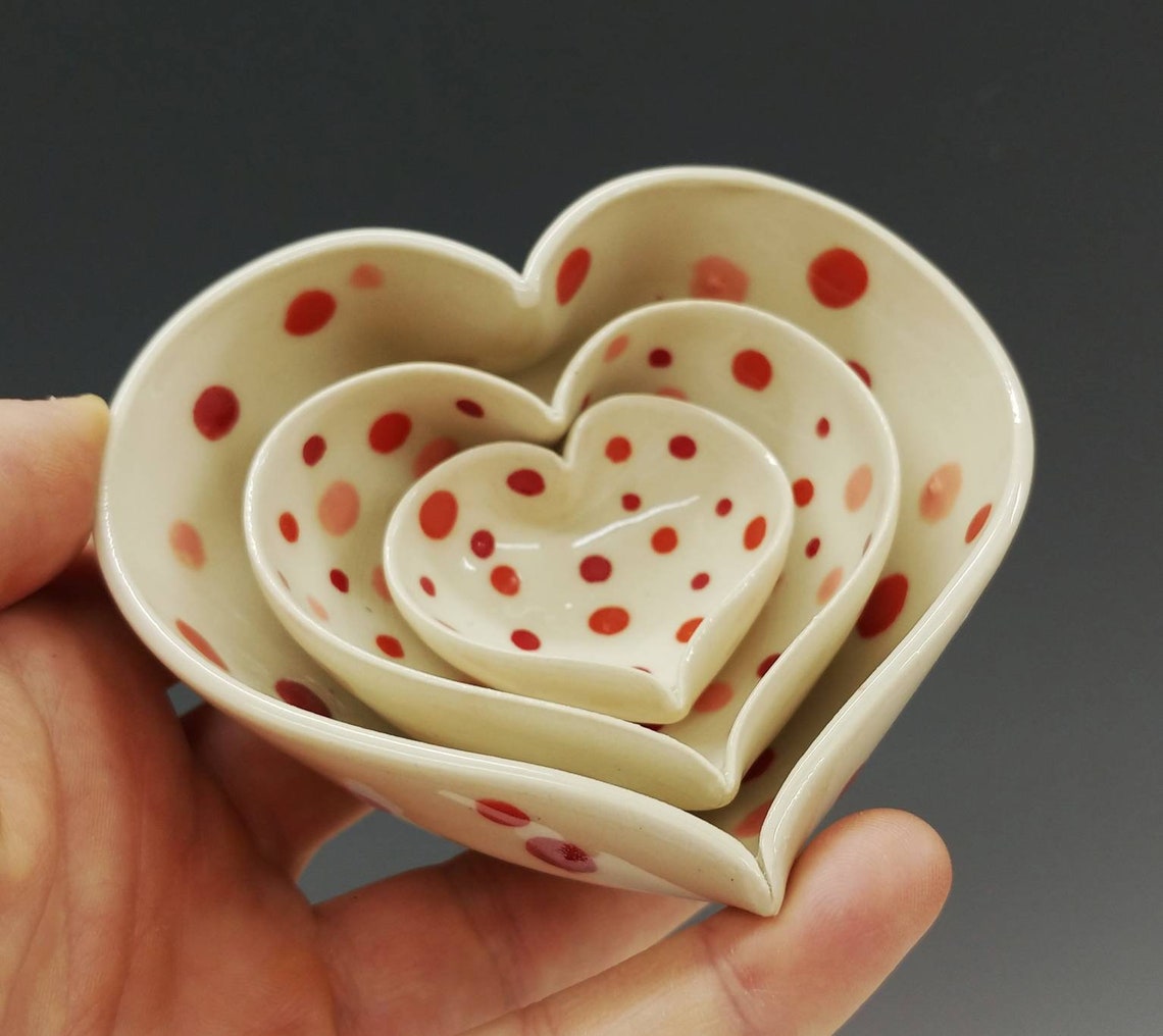 Set of 3 Nested Hearts in Ivory With Multicolored Dots | Etsy