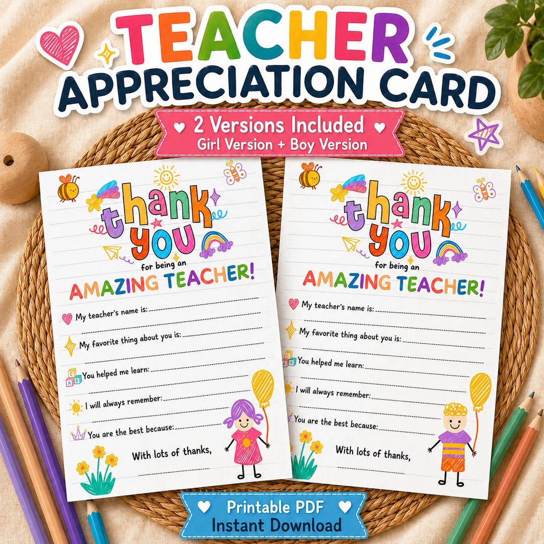 Teacher Appreciation Card Fill In, Kids Teacher Appreciation Card ...