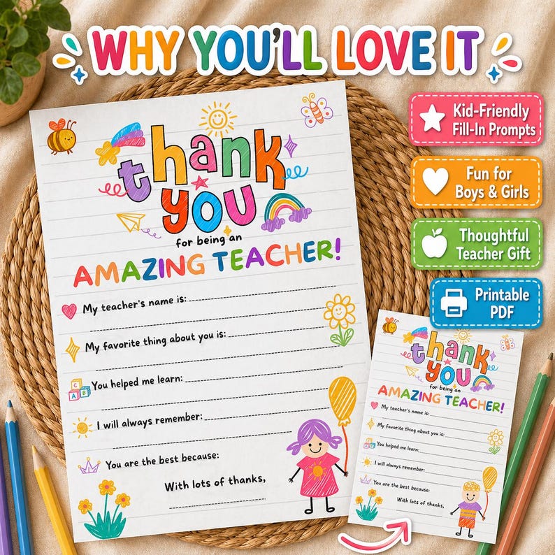Teacher Appreciation Card Fill In, Kids Teacher Appreciation Card ...