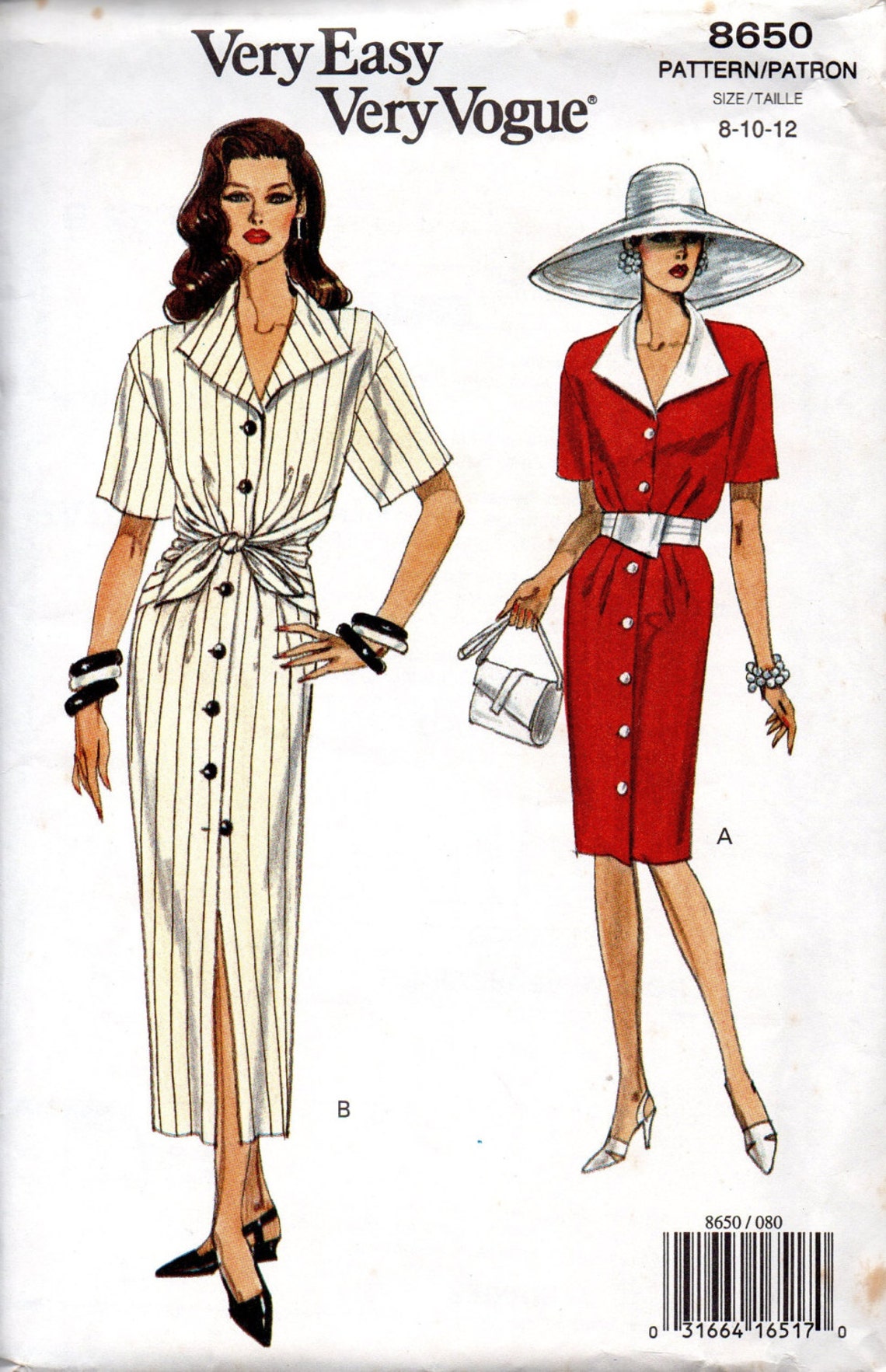 Vogue 8650 Sewing Pattern 80s Fashion Button Front Tie Waist Dress Wide ...