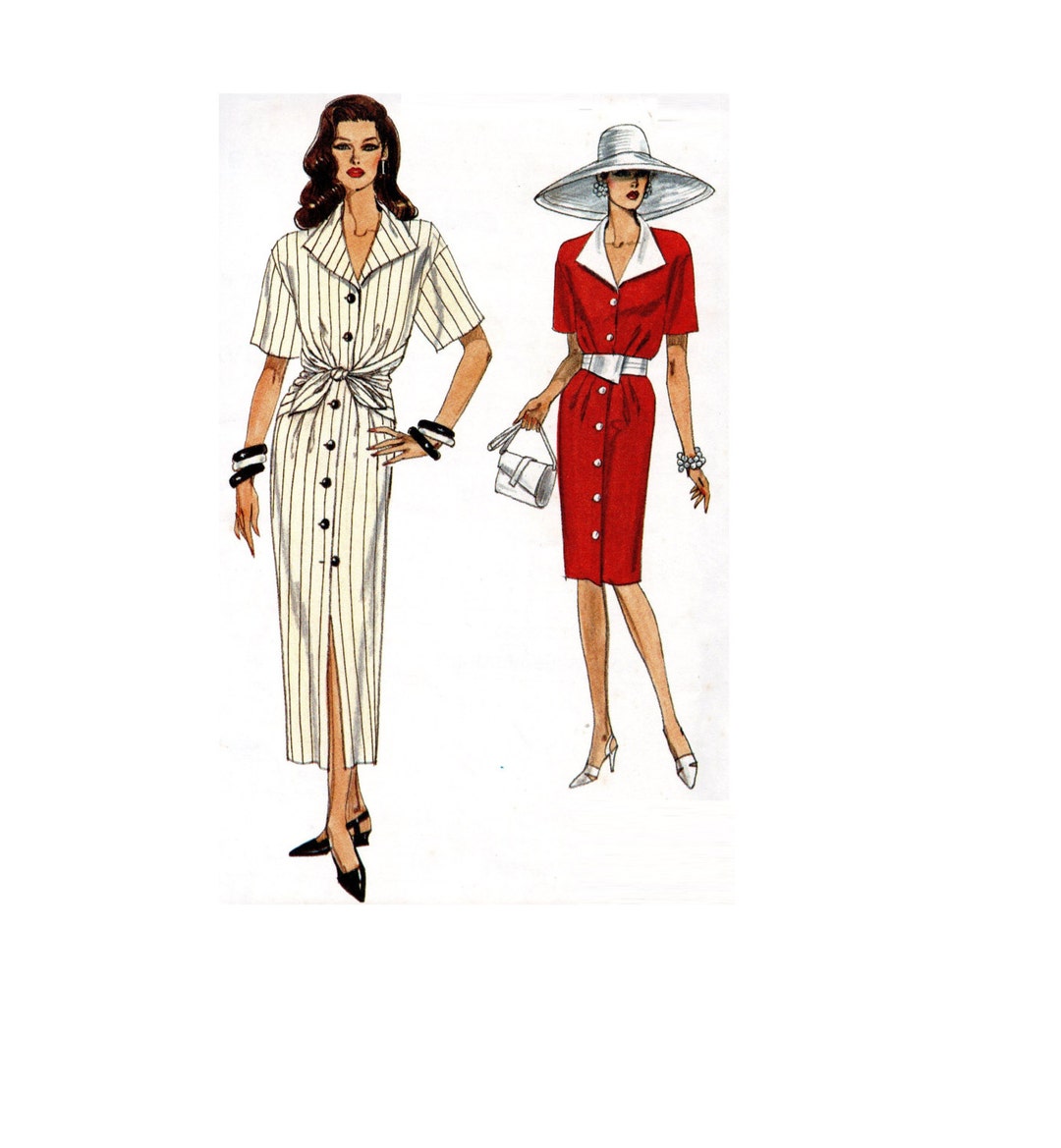Vogue 8650 Sewing Pattern 80s Fashion Button Front Tie Waist Dress Wide ...