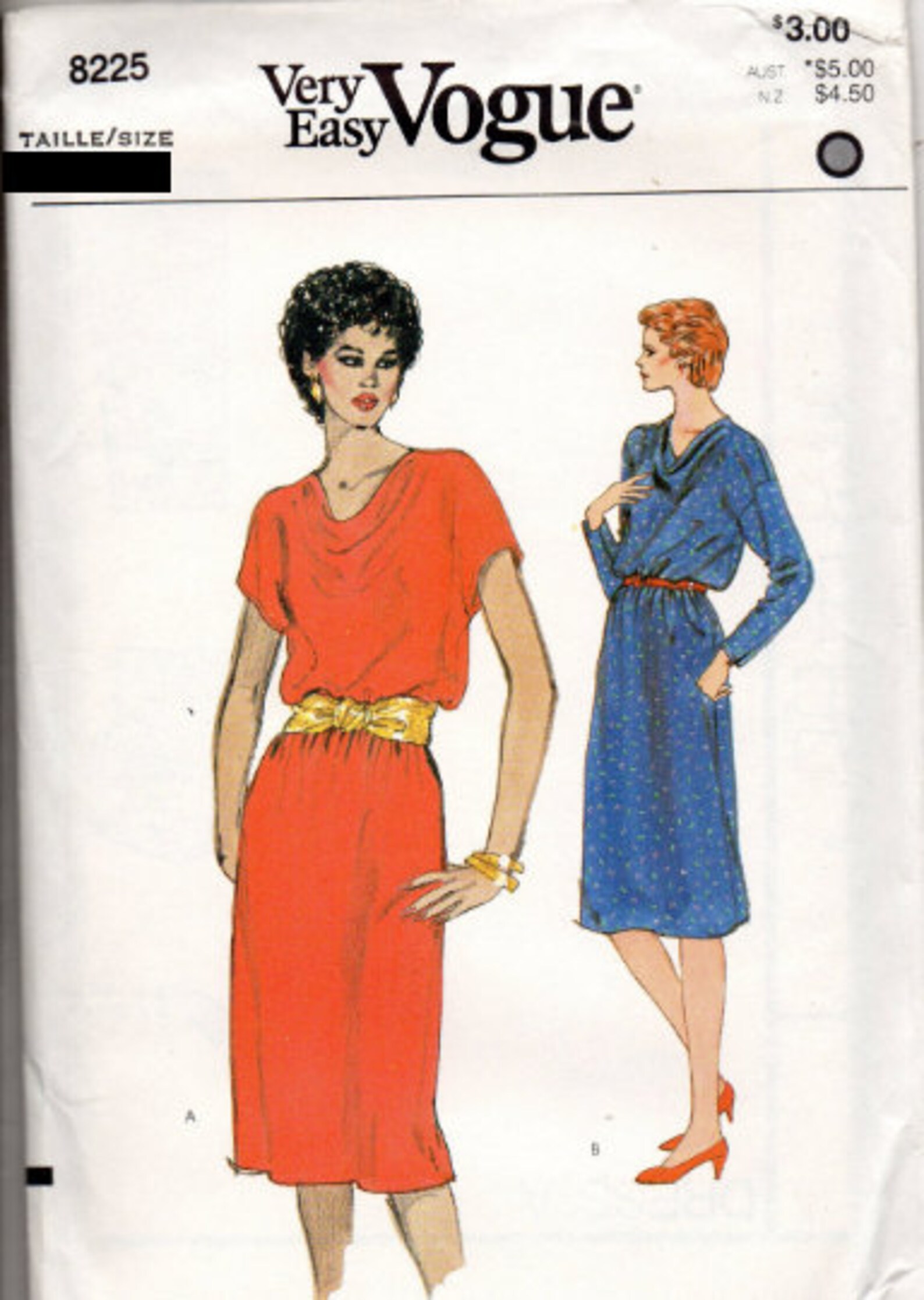 Vogue 8225 Sewing Pattern Retro 80s Pullover A-line Dress Draped Cowl ...