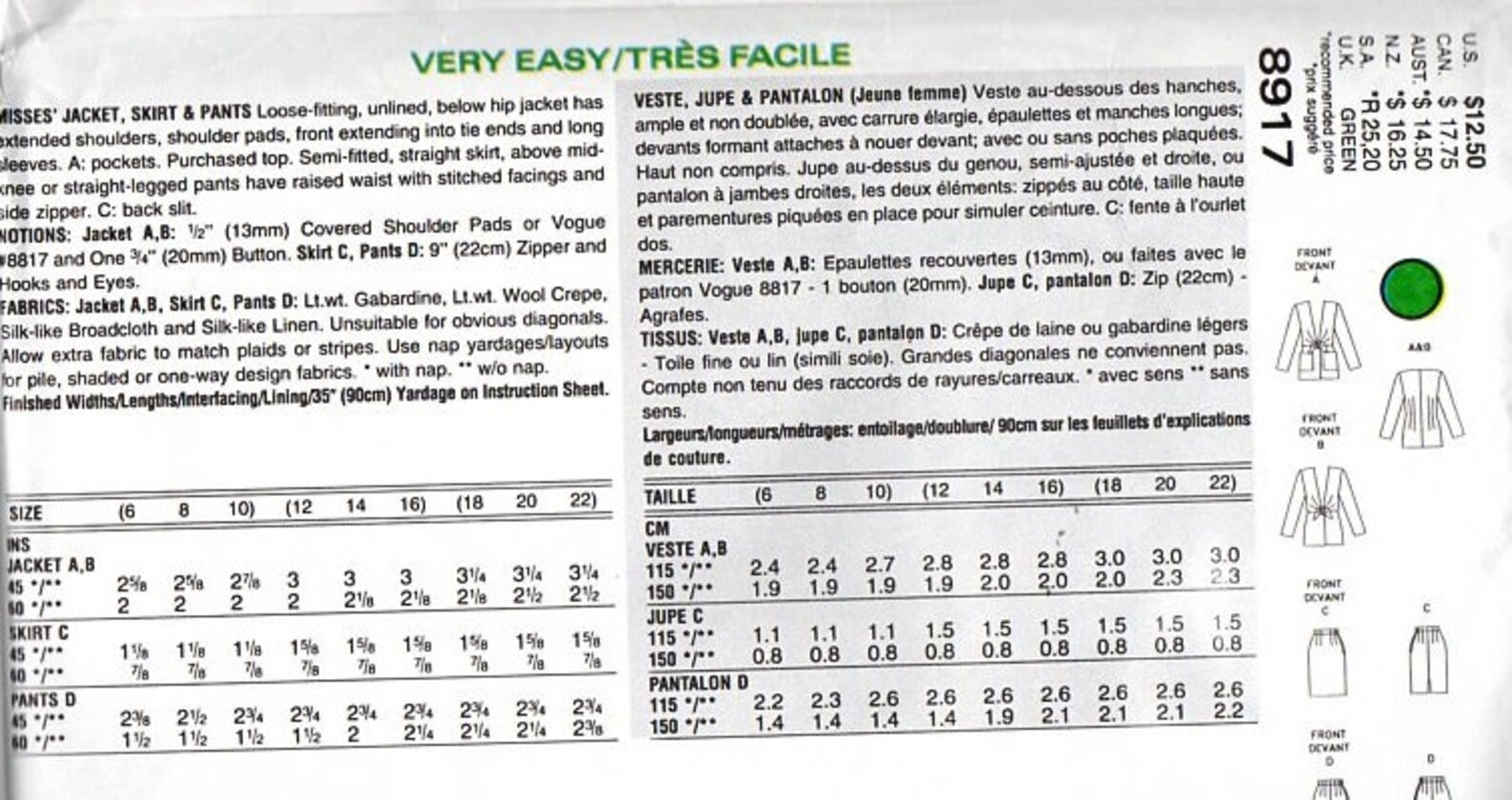 Vogue 8917 Sewing Pattern Loose Fit Tie Front Jacket Semi Fitted ...