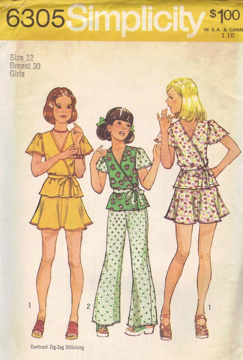 1970s Simplicity Sewing Pattern Retro Girls Pants Mini Skirt Wrap Shirt Kimono Sleeves Size 12 ...