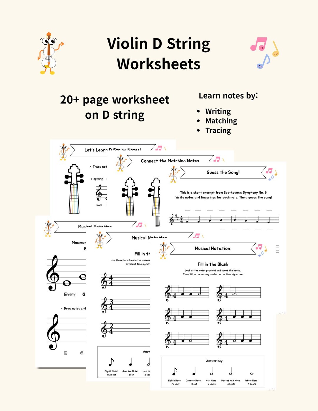 Violin D String Worksheets | Beginner Note Reading Practice (PDF) - Etsy UK