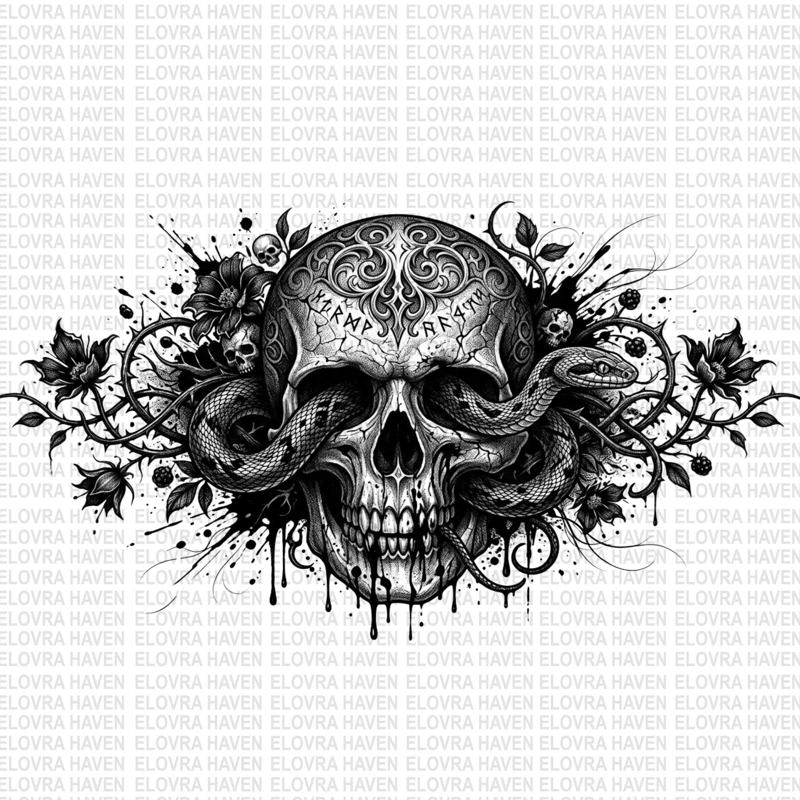 Gothic Floral Skull Clipart | Dark Watercolor Horror Design (digital ...