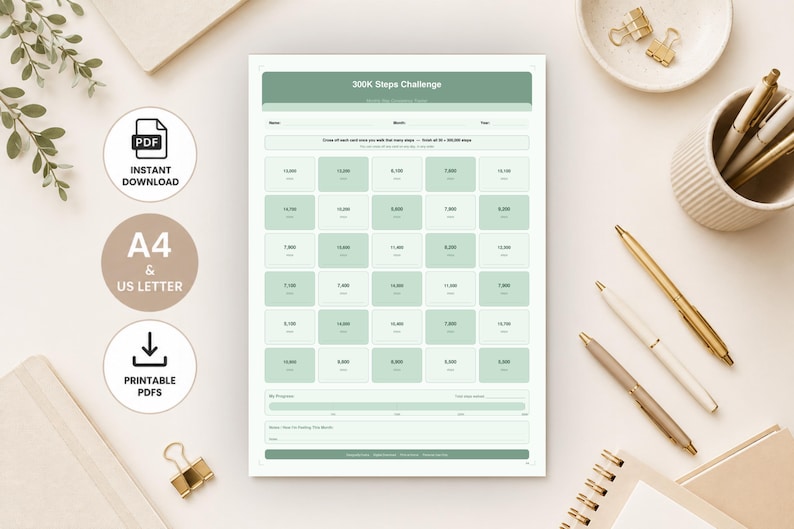 10K Step Tracker Printable Bundle, Sage Green Walking Challenge PDF ...