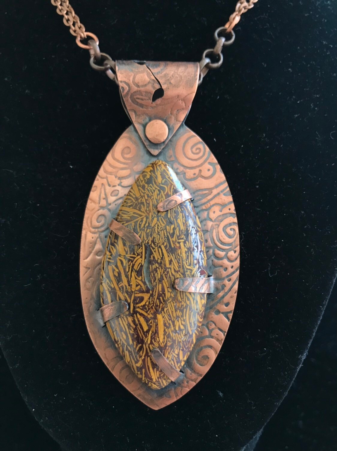 Script Jasper Set on Etched Copper With Riveted Bale - Etsy