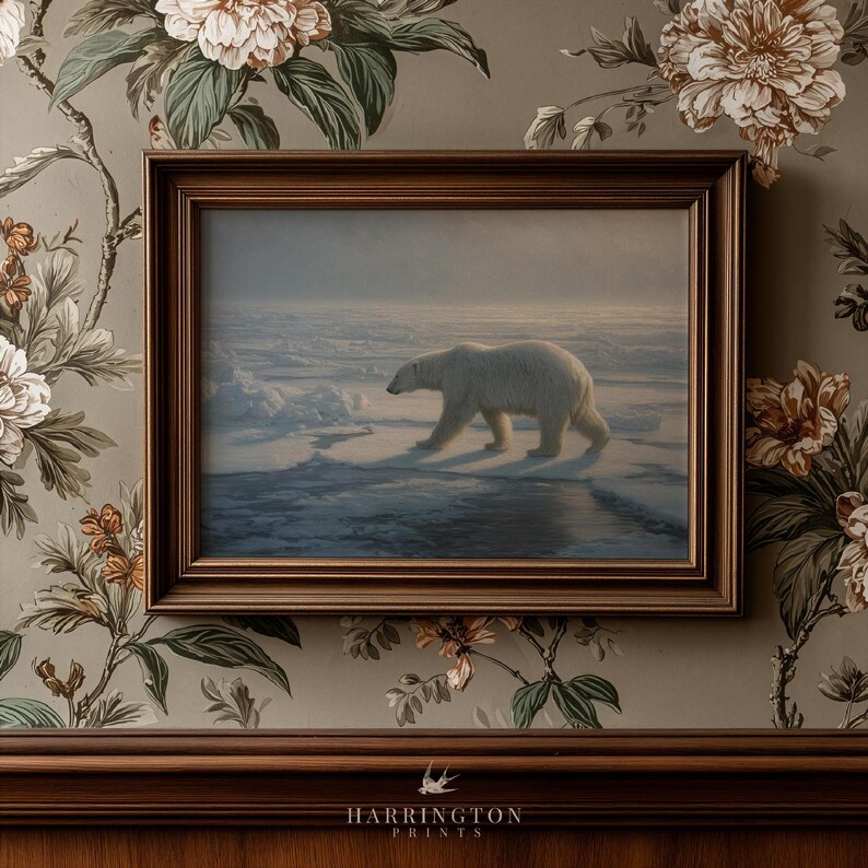 Polar Bear Wall Art, Snowy Arctic Landscape Painting, Antique Wildlife ...
