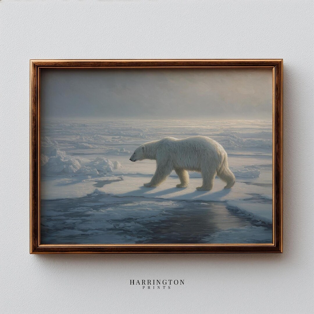 Polar Bear Wall Art, Snowy Arctic Landscape Painting, Antique Wildlife ...