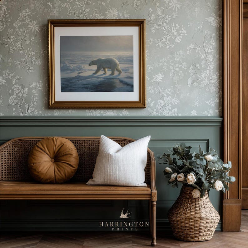Polar Bear Wall Art, Snowy Arctic Landscape Painting, Antique Wildlife ...