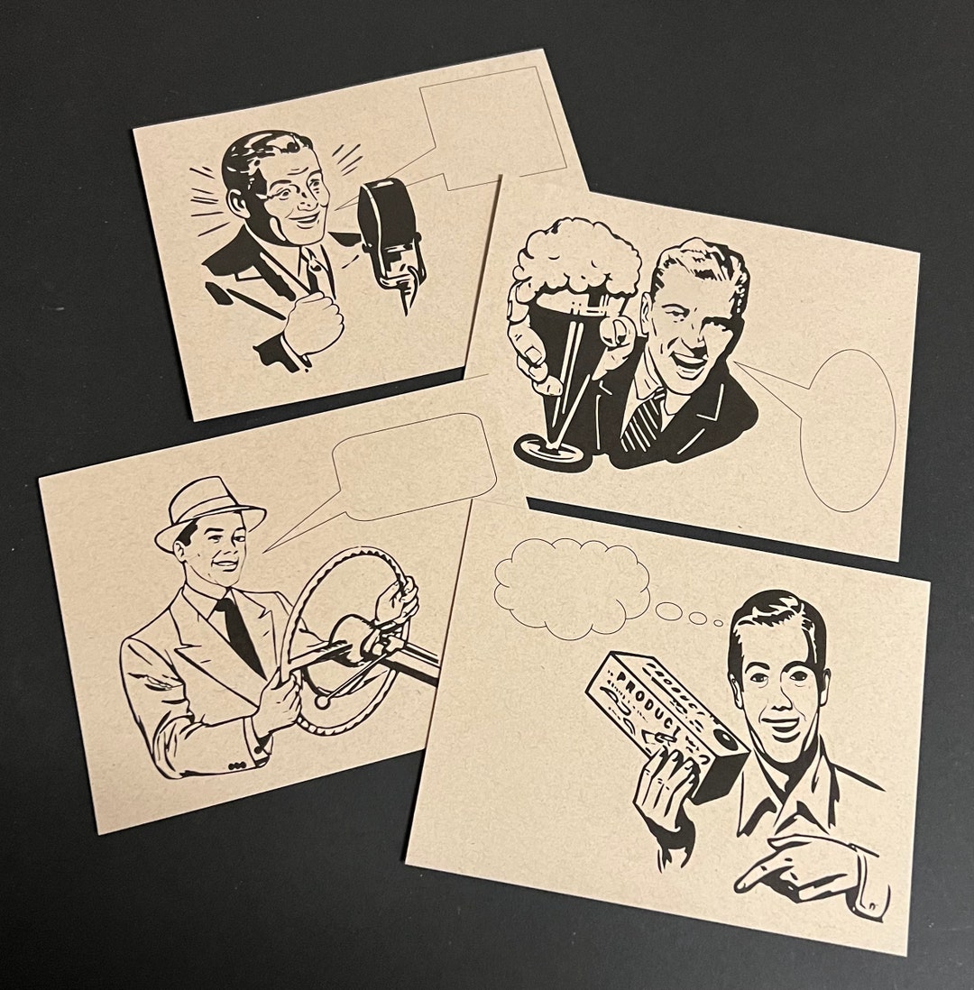 Greetings GENTS . Set of 12 Kraft Postcards 4.25 X 5.5 Retro Guys ...