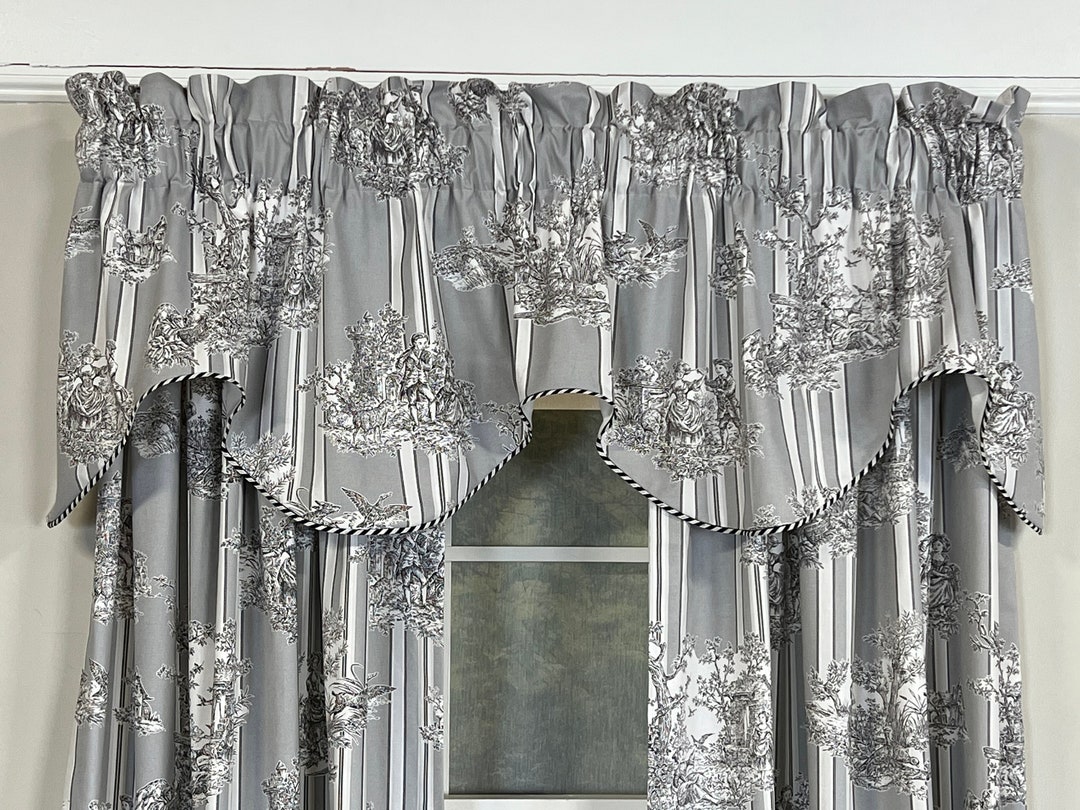 French Country Toile and Stripe Fluted Shaped Window Valance With Trim ...