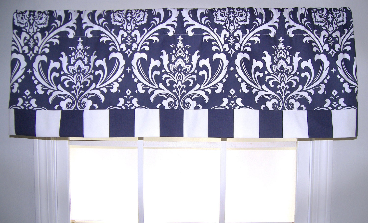 Navy Damask and Stripe Straight Valance | Etsy