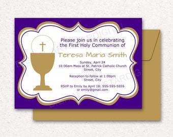 Communion Invitation Purple First Communion Girl Invitation - Etsy