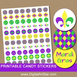 Mardi Gras Candy Stickers, Printable Mardi Gras Stickers, DIY Party ...