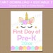 First Day of Pre-k Sign Girl, Unicorn Pre K Sign Template, Printable ...