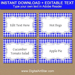 Blue Food Labels Printable, Editable Labels, Blue and White Tent Cards ...