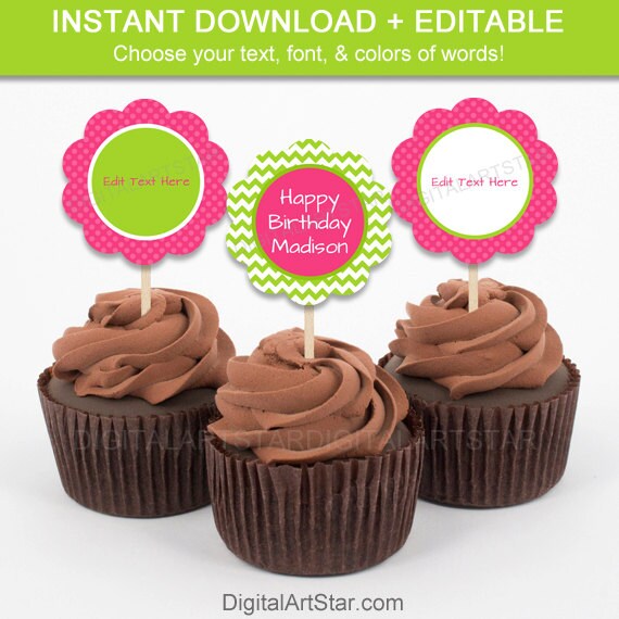 Birthday Cupcake Toppers - Pink and Lime Chevron EDITABLE Cupcake ...
