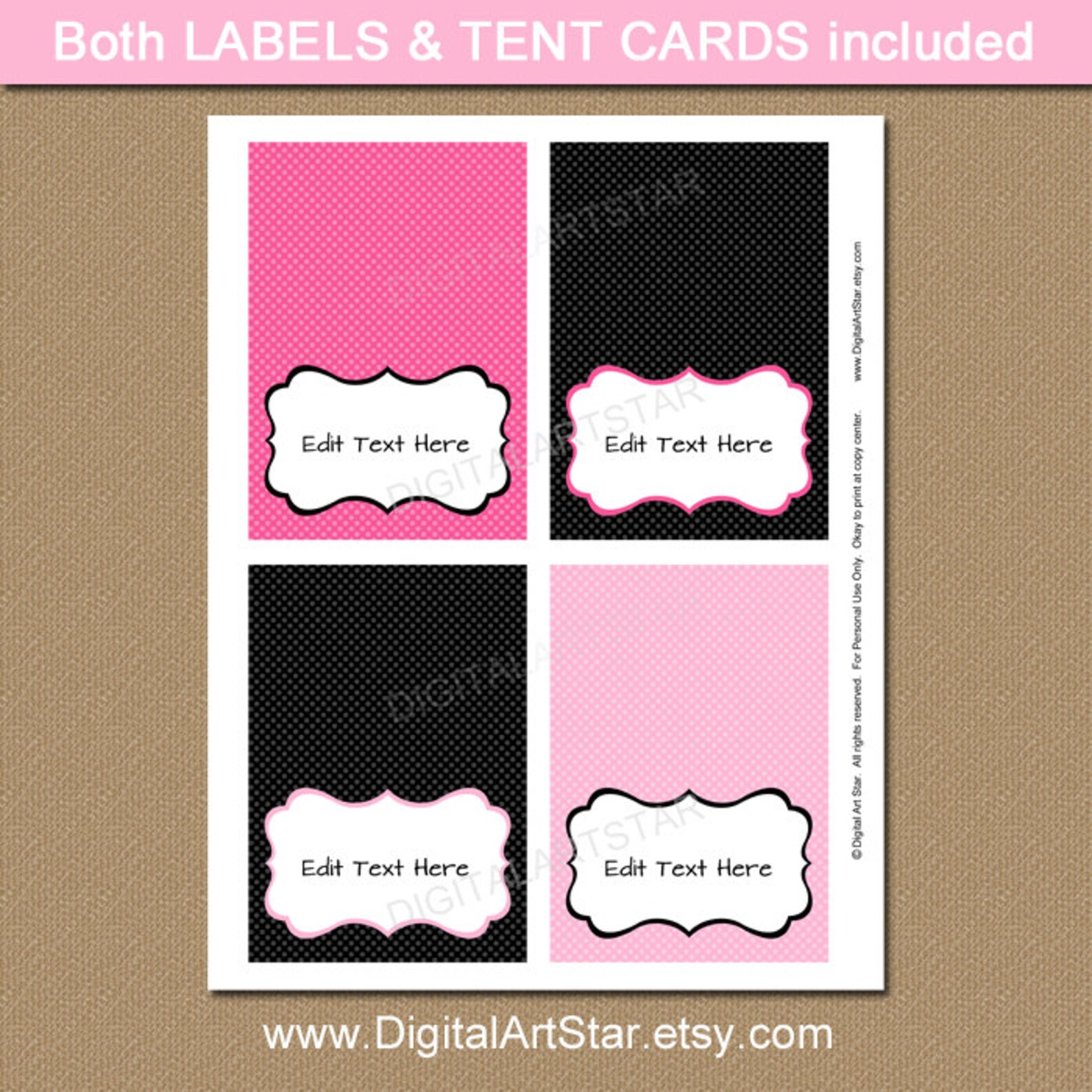 EDITABLE Pink Black Printable Labels Buffet Cards Tent - Etsy