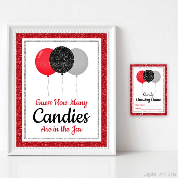 Red Black and Silver Birthday Game Printable, Guess How Many Candies ...