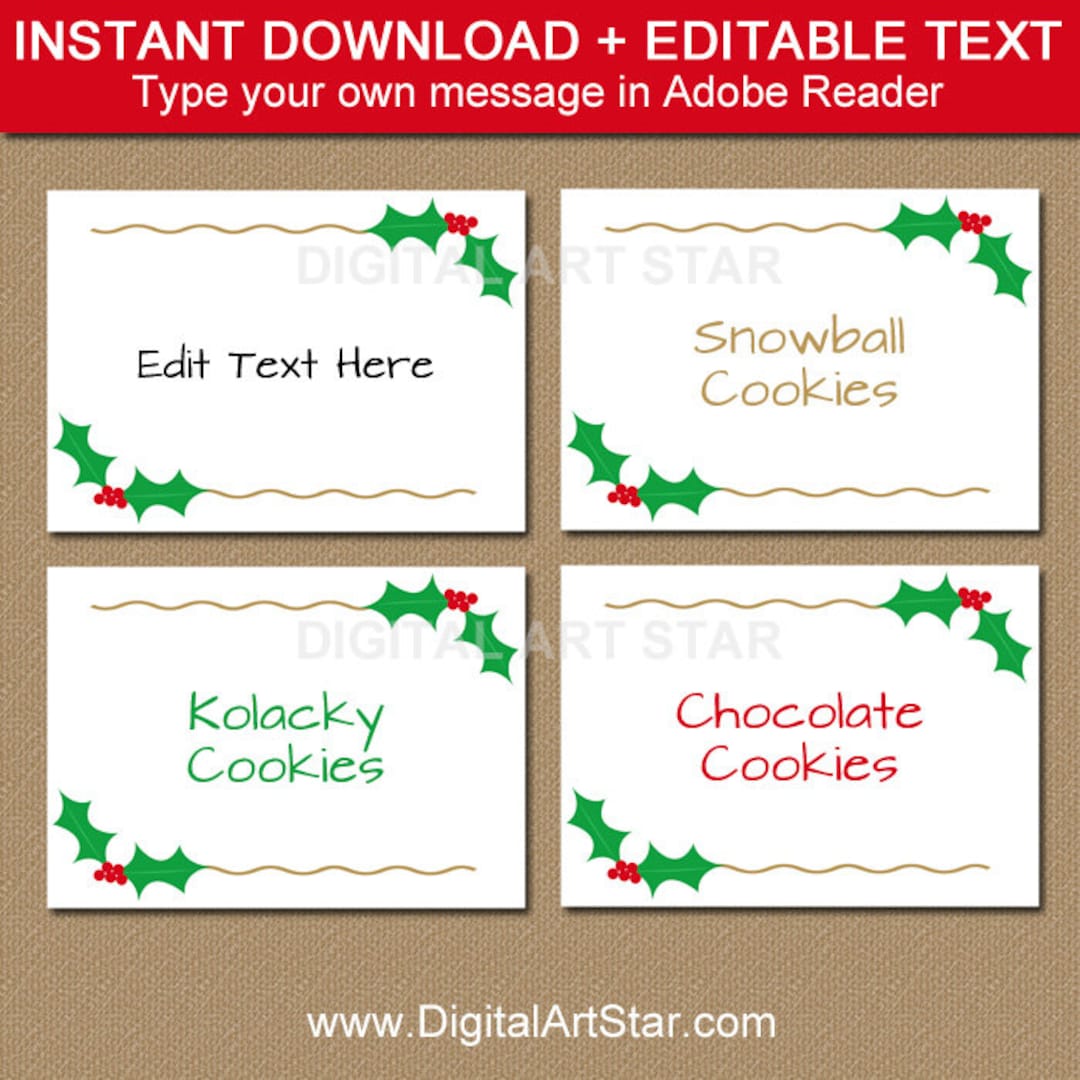 Printable Christmas Buffet Cards Holly Labels With Gold Accents ...