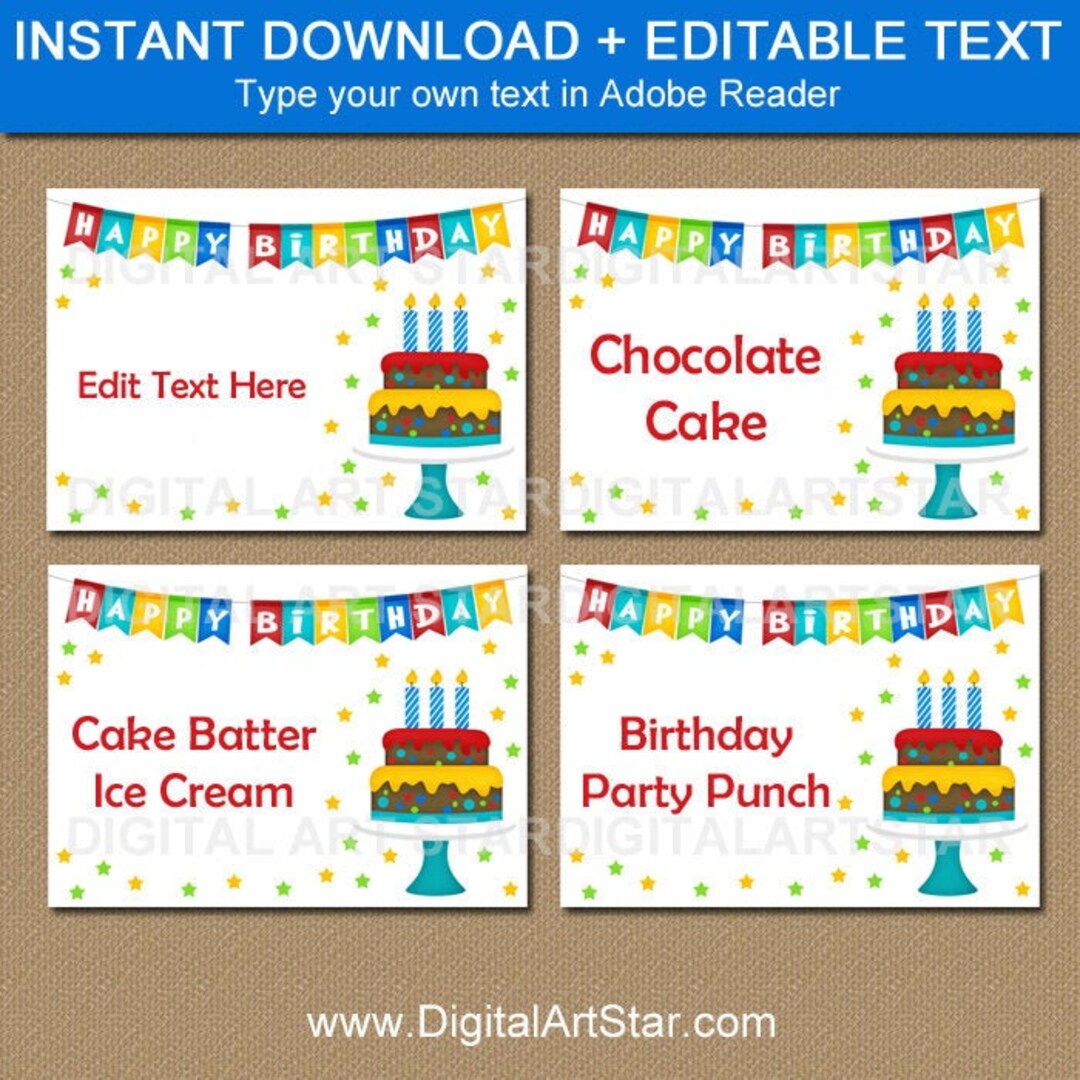 Birthday Place Cards, Candy Buffet Labels, Birthday Labels Instant ...