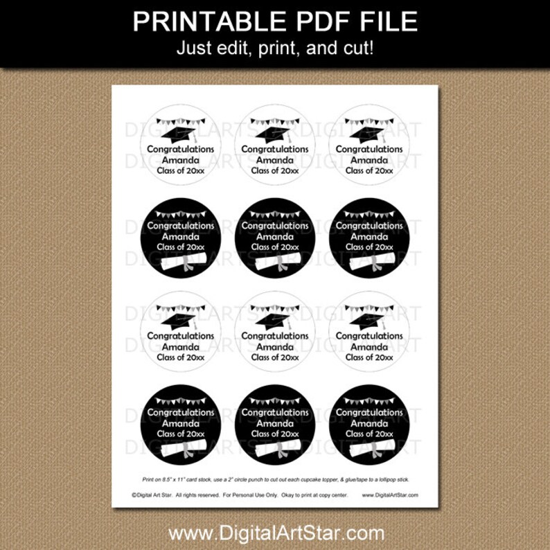 Graduation Cupcake Toppers Black and White Graduation Party - Etsy